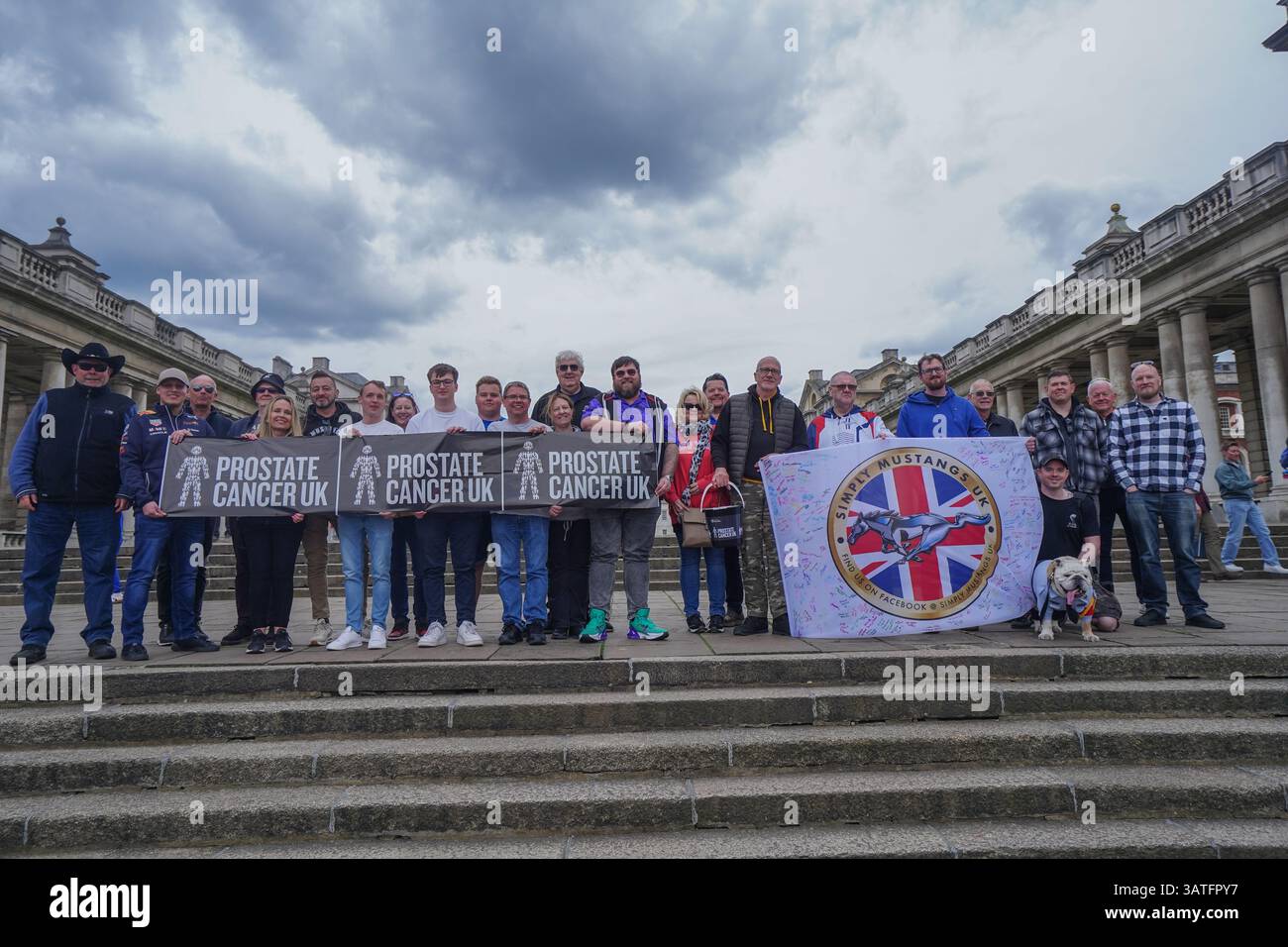 London UK 18 April 2025. Ford Mustang enthusiasts unfurl a banner at ...