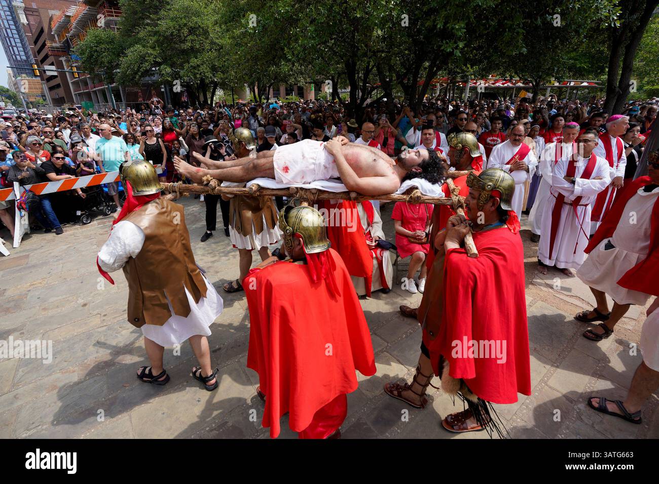 Re-Enactors perform the Good Friday tradition of the Passion of the Christ, the story of the ...