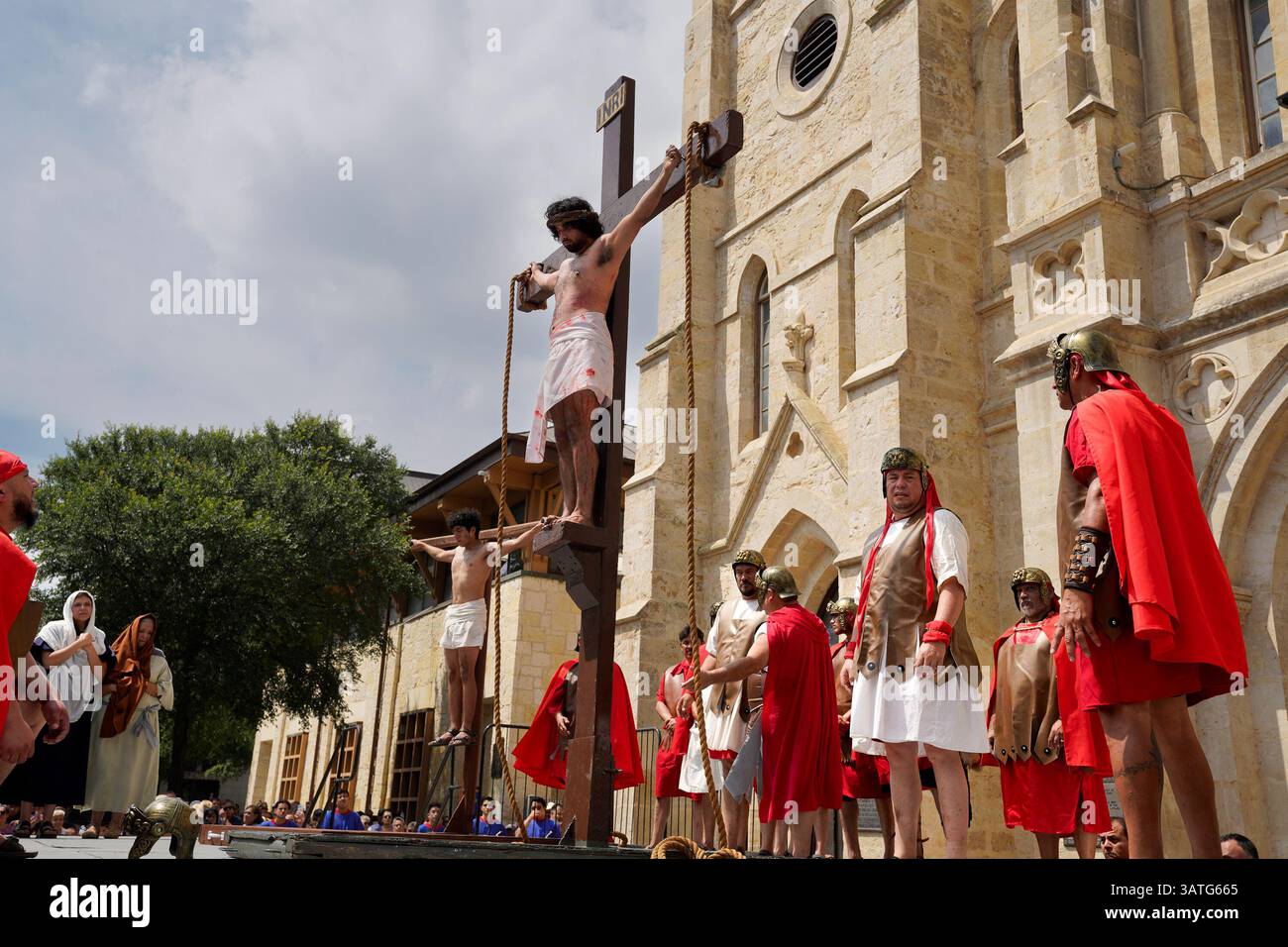 Re-Enactors perform the Good Friday tradition of the Passion of the Christ, the story of the ...