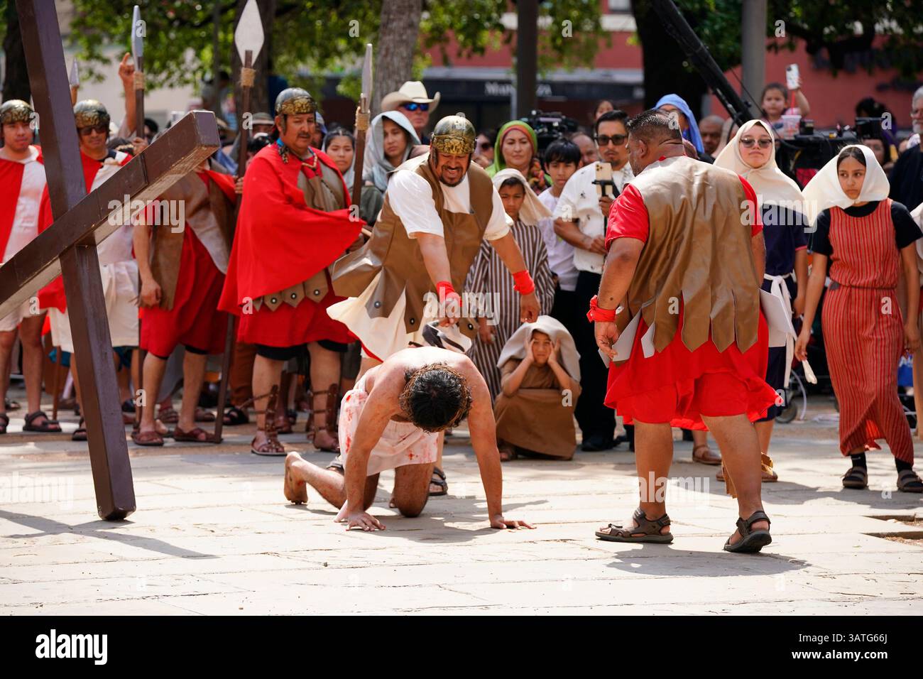 Re-Enactors perform the Good Friday tradition of the Passion of the Christ, the story of the ...