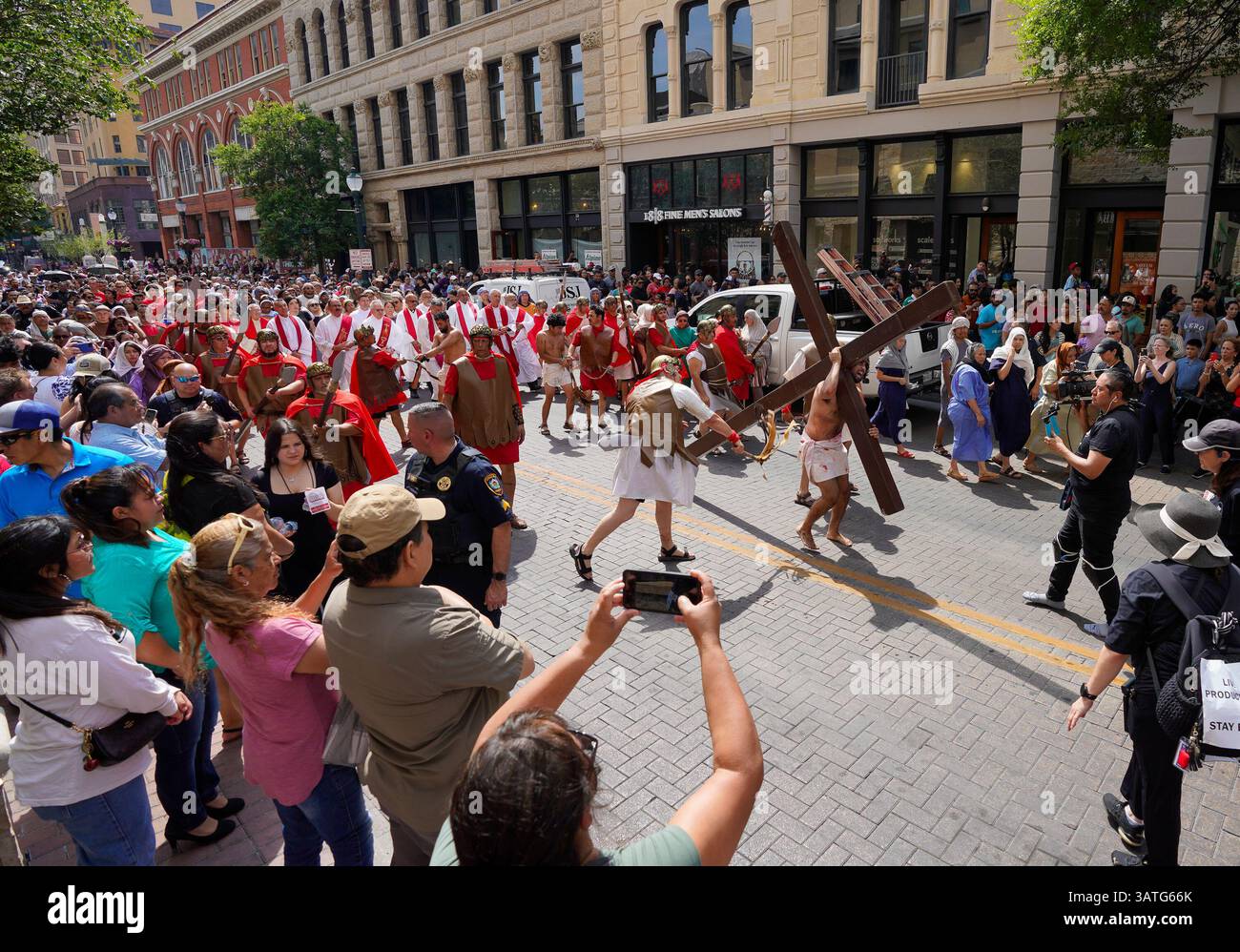 Re-Enactors perform the Good Friday tradition of the Passion of the Christ, the story of the ...