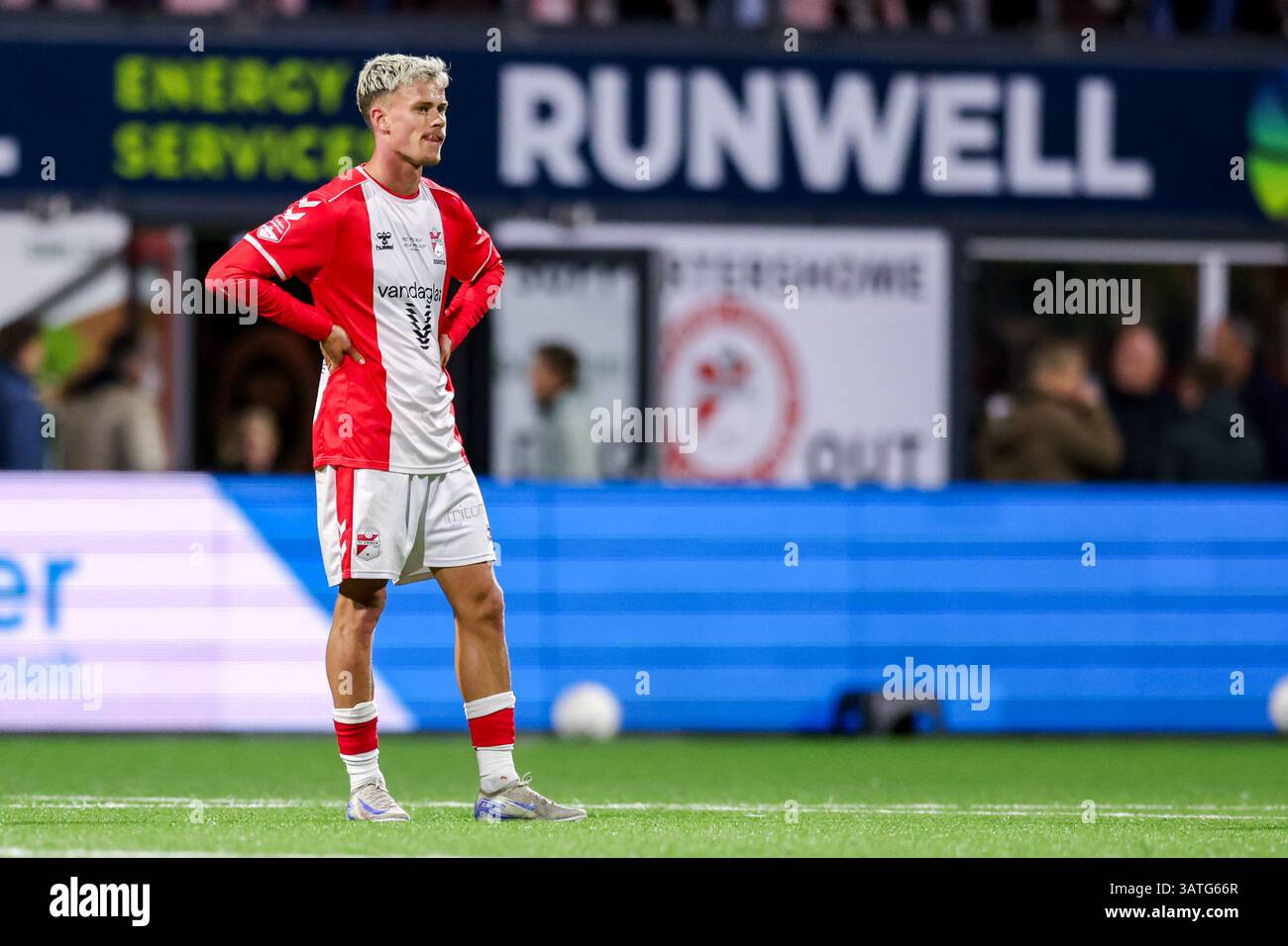 EMMEN, NETHERLANDS - APRIL 18: Robin Schouten of FC Emmen looks dejected during the Dutch Keuken ...