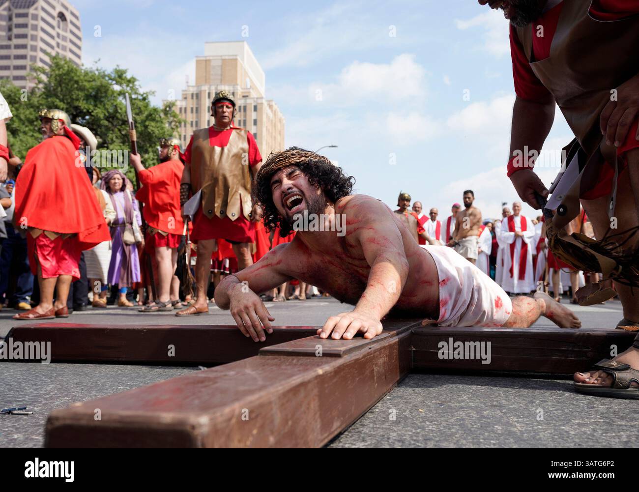 Re-Enactors perform the Good Friday tradition of the Passion of the Christ, the story of the ...