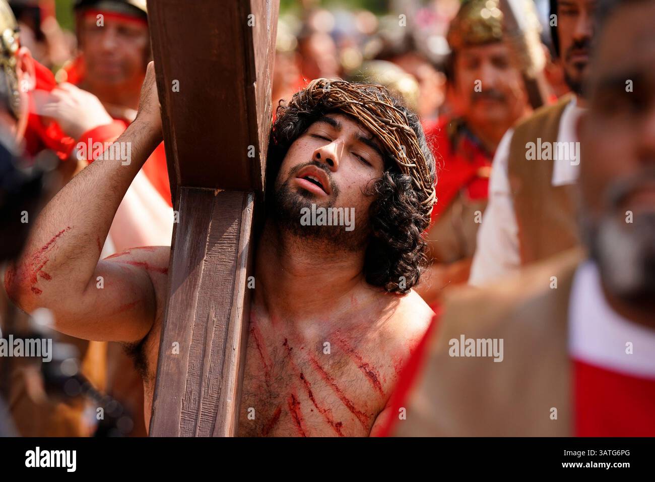 Re-Enactors perform the Good Friday tradition of the Passion of the Christ, the story of the ...