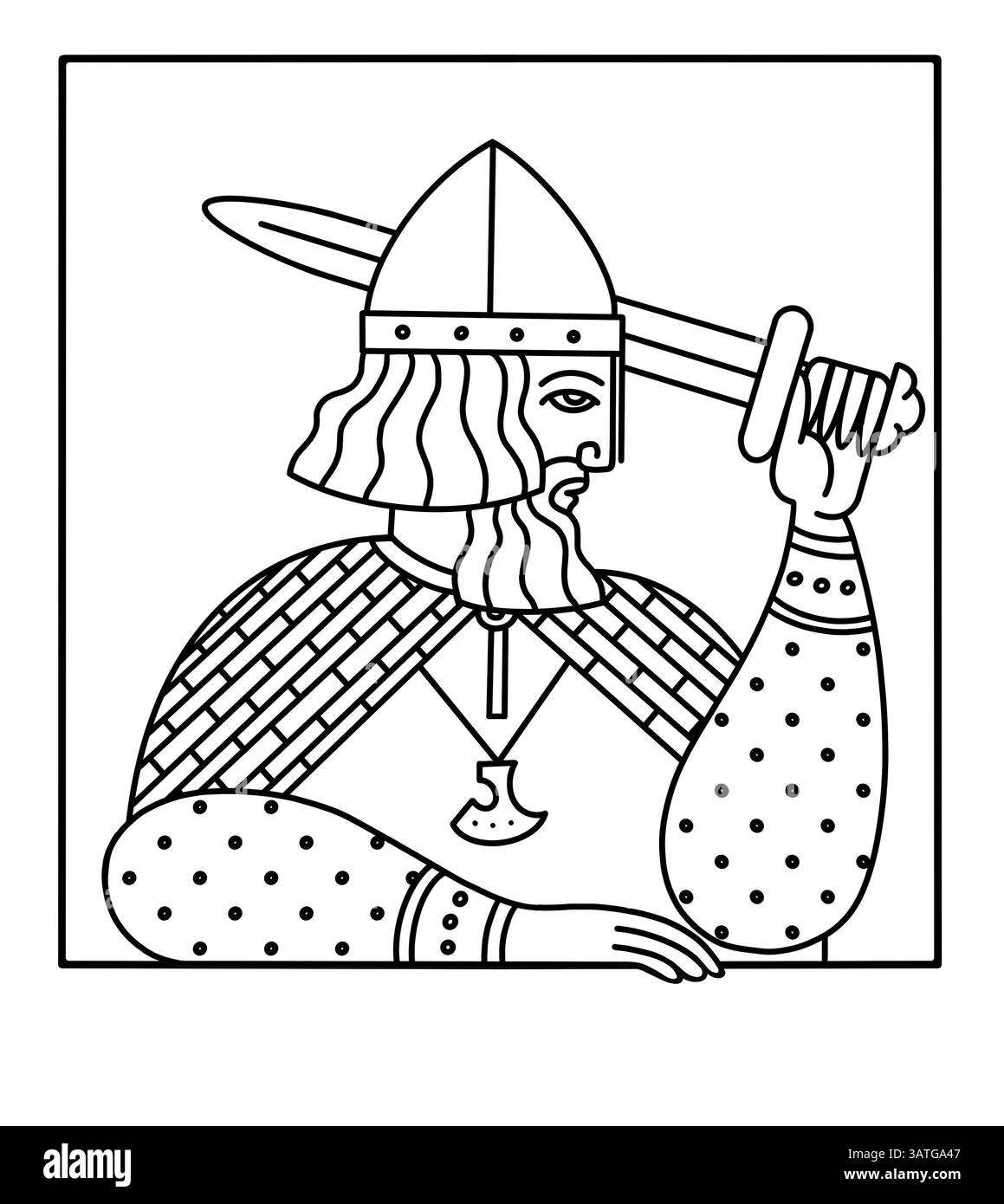 Minimal Line Art Portrait of Prince Oleg with Sword and Axe Stock Photo ...
