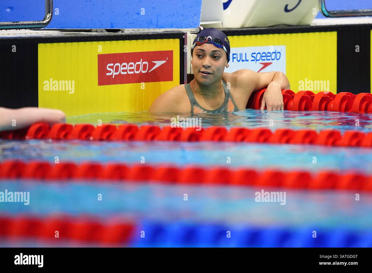 Eva Okaro after the Women's 50m Butterfly on day four of the Aquatics ...