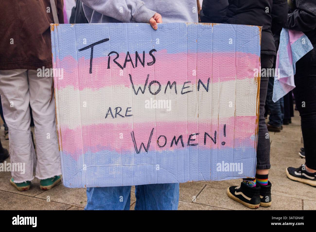 Leeds, UK. 18 APR, 2025. "Trans Women are Women" sign at an emergency ...