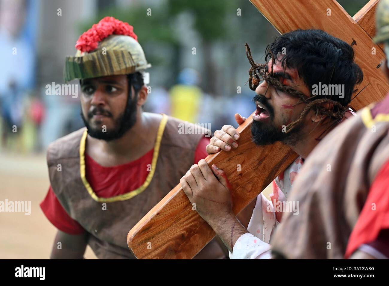 NAVI MUMBAI, INDIA - APRIL 18: Procession portraying crucifixion of ...