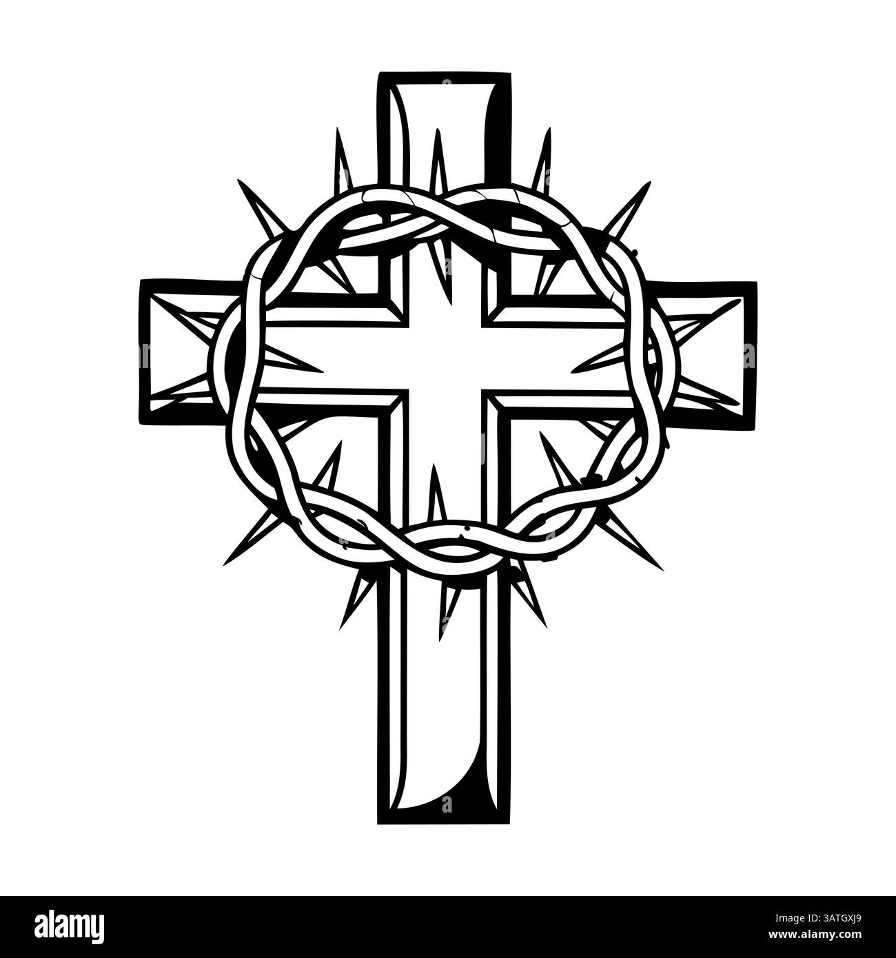 Cross with crown of thorns icon. Black silhouette cross in thorns on ...