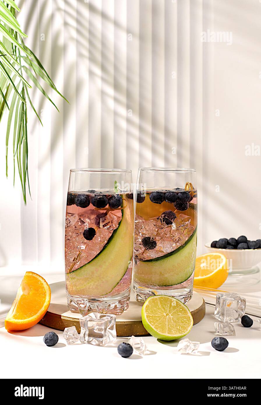 Diet vegan cocktail with cucumber, lemon, lime, blueberry and chia ...