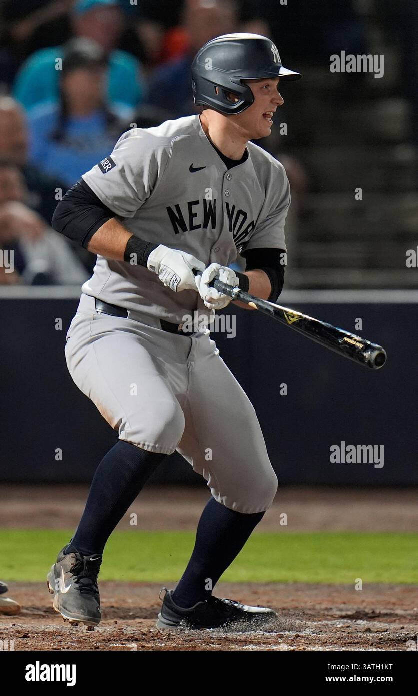 New York Yankees' Ben Rice bats against the Tampa Bay Rays during the ...