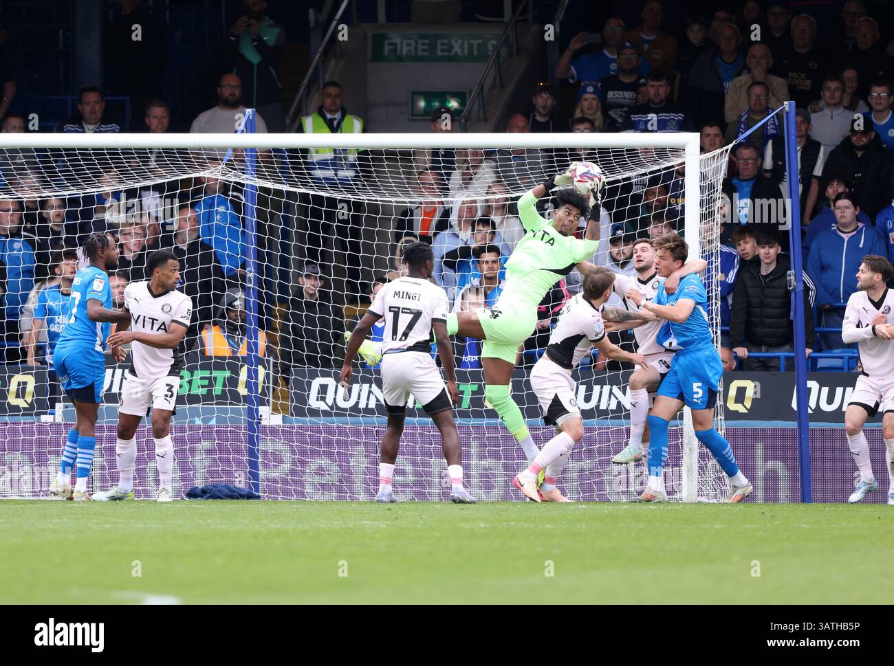 Peterborough, UK. 18th Apr, 2025. Corey Addai (SC) makes a save at the ...