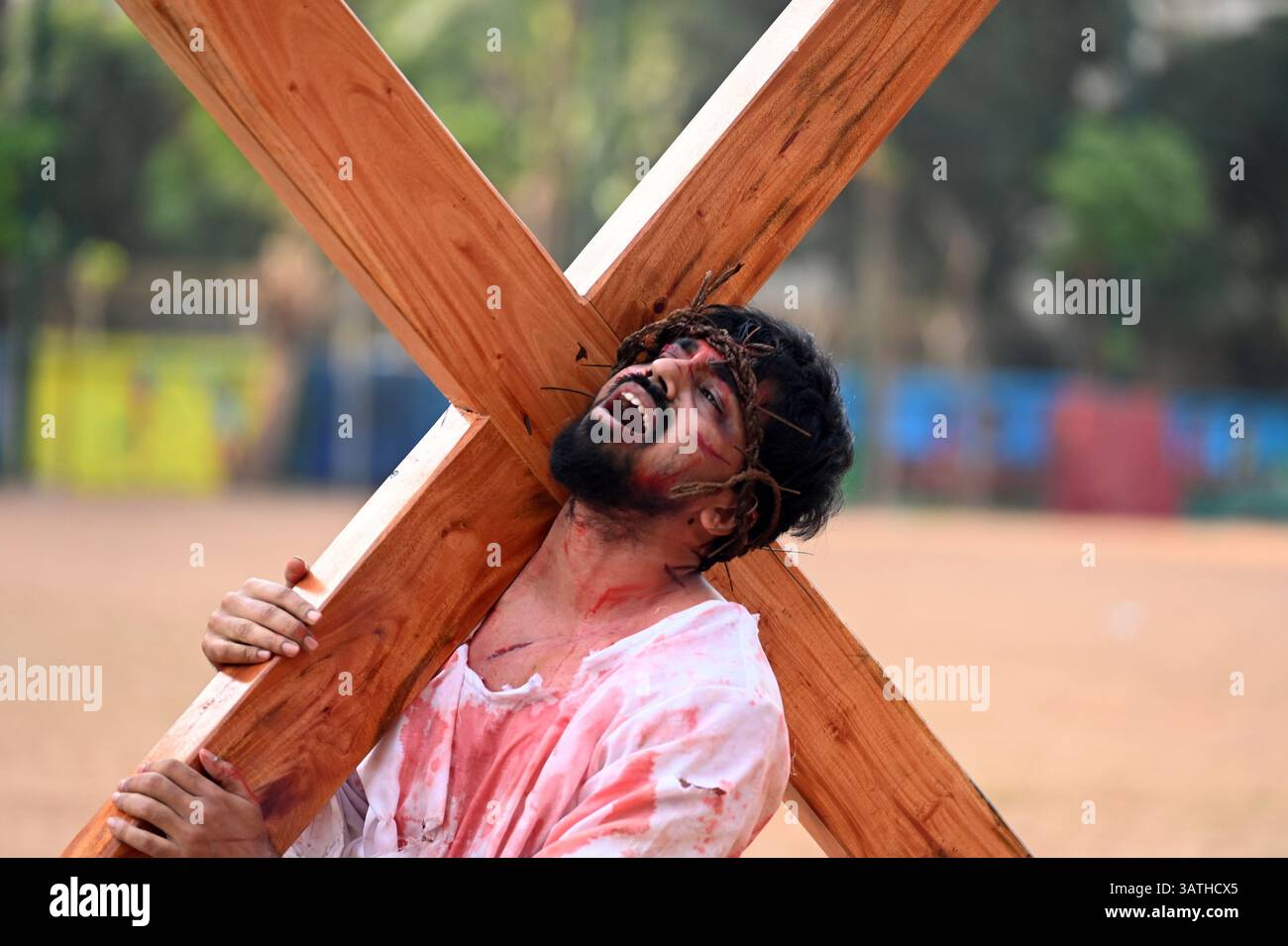 NAVI MUMBAI, INDIA - APRIL 18: Procession portraying crucifixion of ...