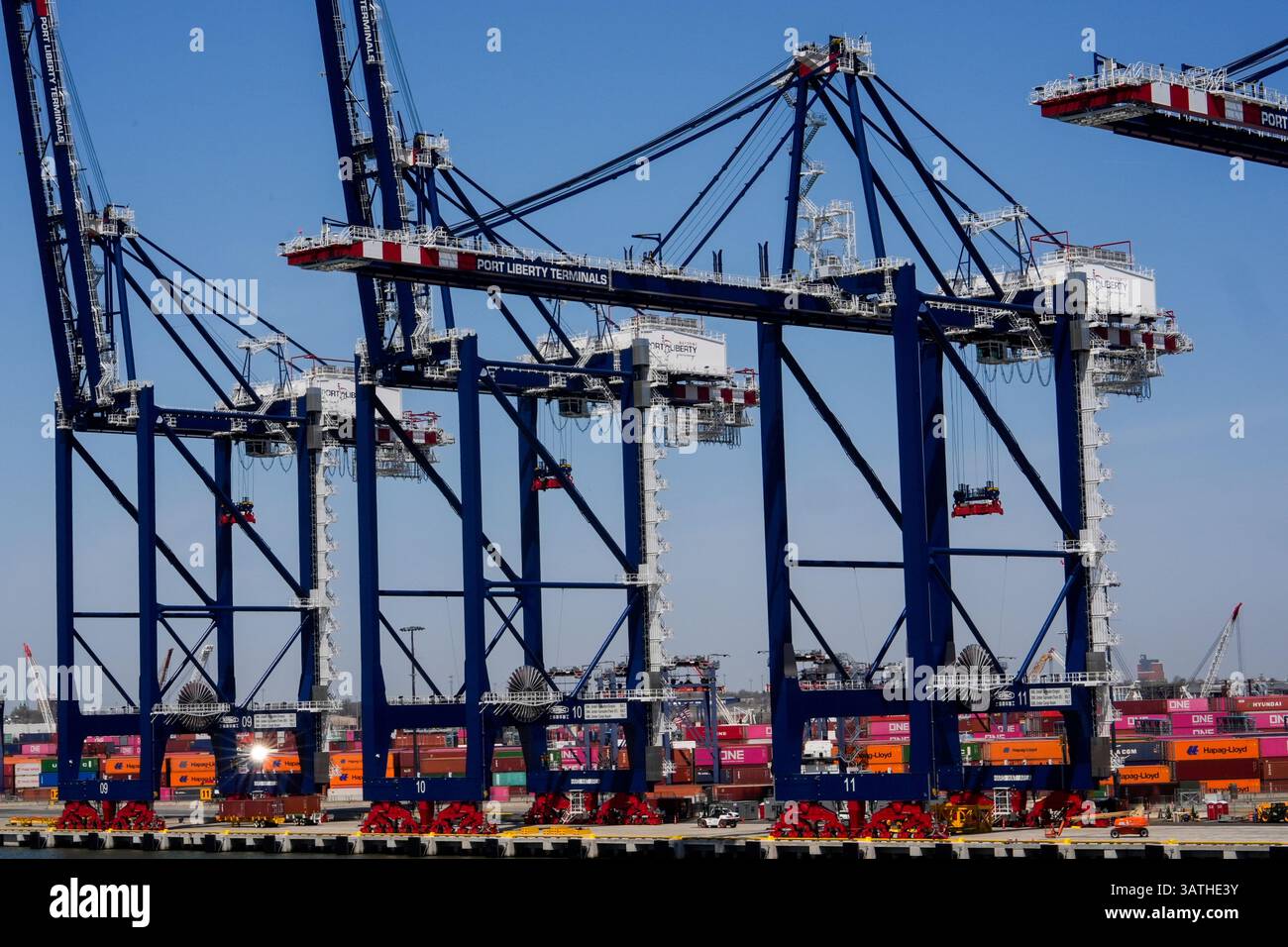 Shipping containers are seen at Port Jersey, Friday, April 18, 2025, in ...