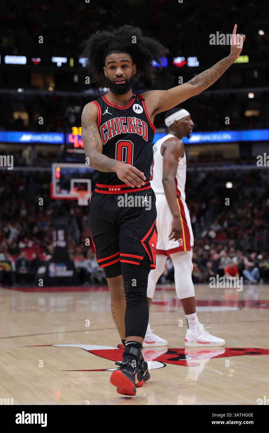 CHICAGO, IL - APRIL 16: Coby White #0 of the Chicago Bulls reacts to a ...