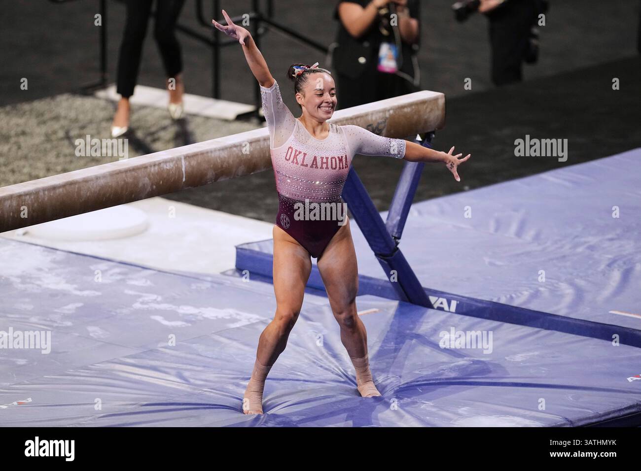 Oklahoma's Faith Torrez competes on the balance beam during the NCAA ...