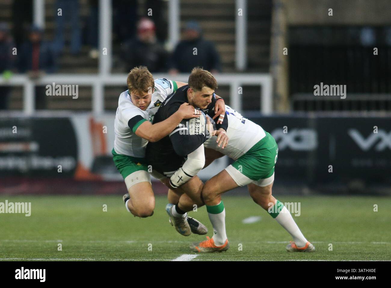 Newcastle Falcon's Ben Stevenson, is tackled during the Gallagher ...