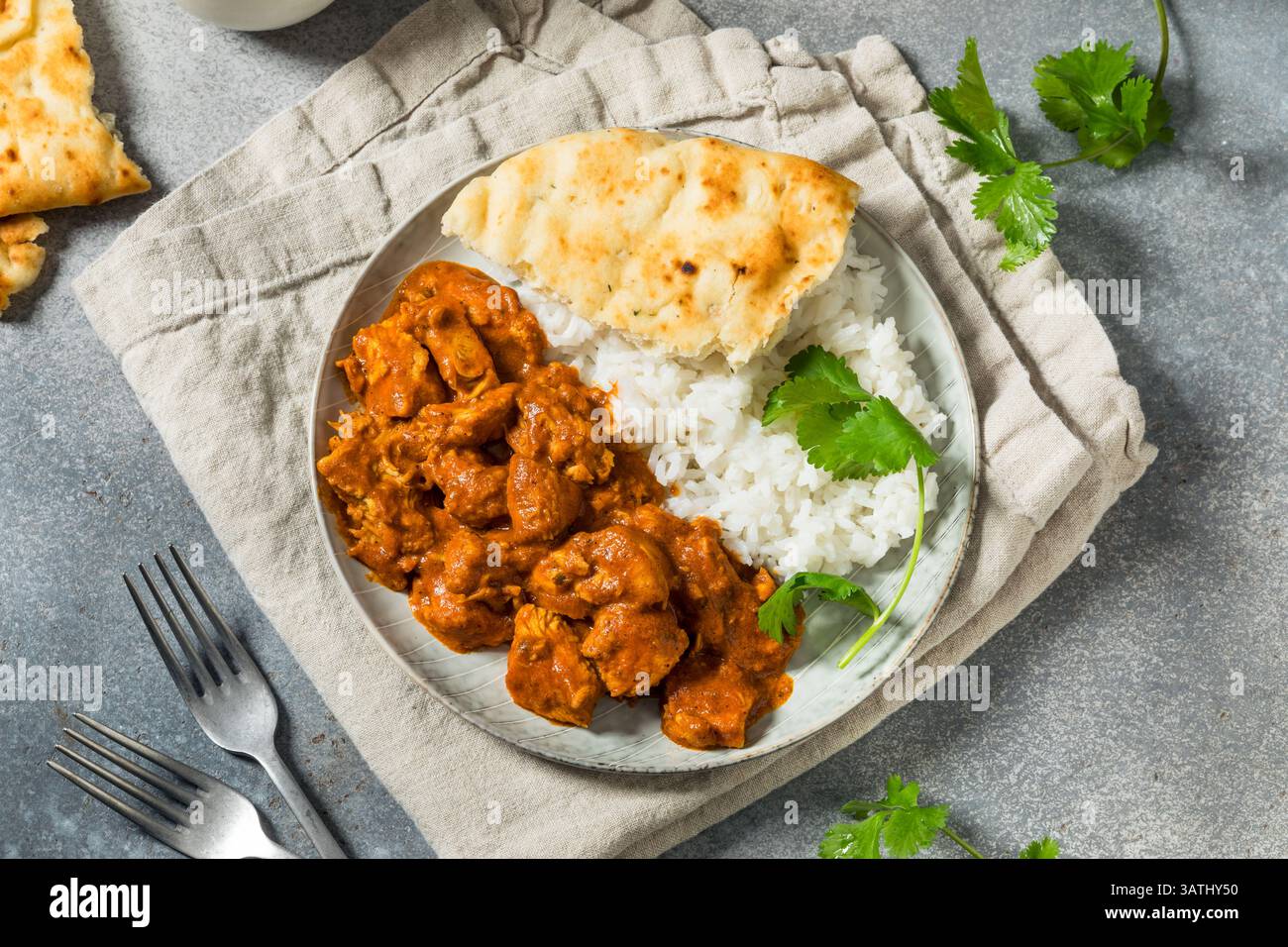 Spicy Homemade Chicken Tikka Masala with Rice and Naan Bread Stock ...