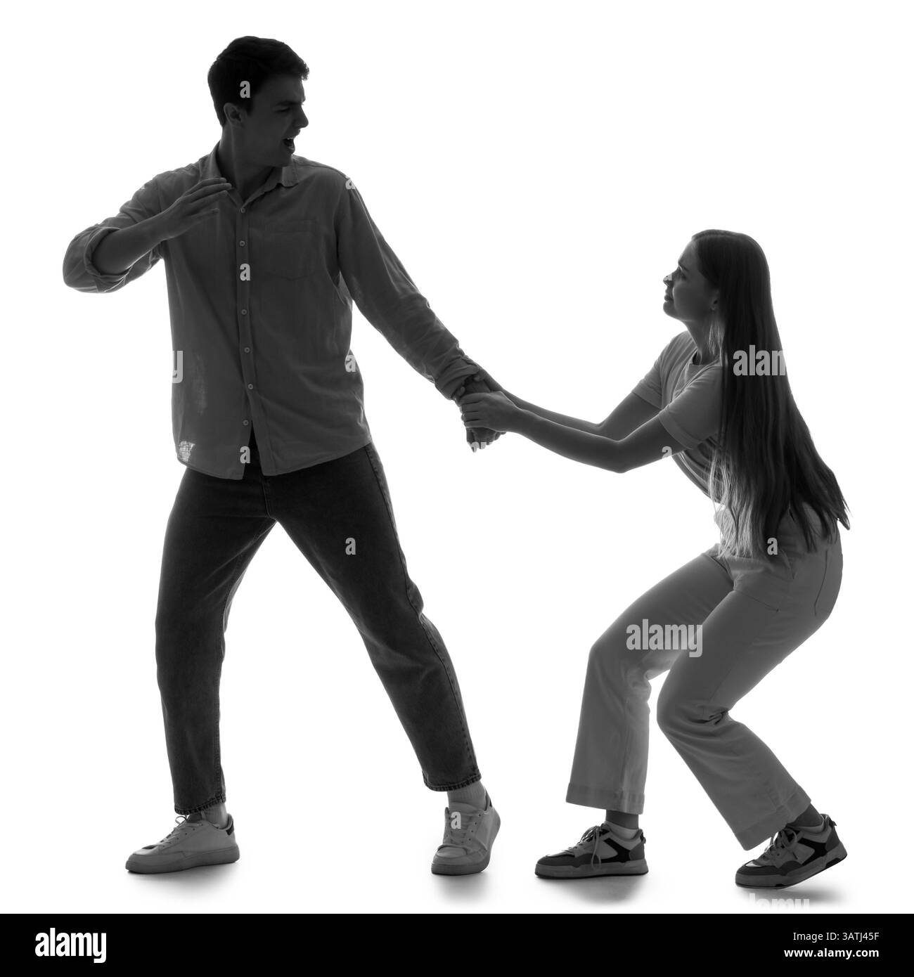 Silhouette of quarreling couple on white background. Domestic violence ...