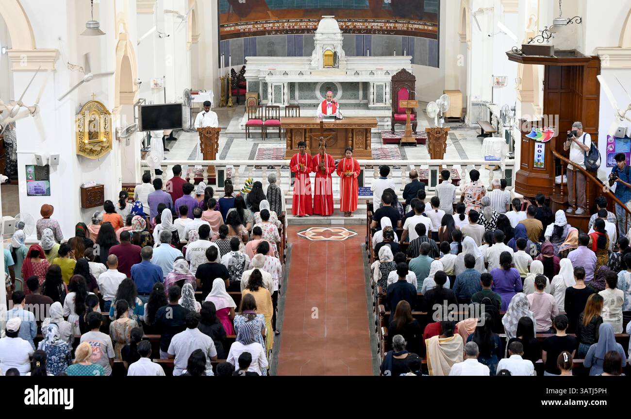 NEW DELHI, INDIA - APRIL 18: Christians people attend a mass prayer to observe Good Friday, at ...