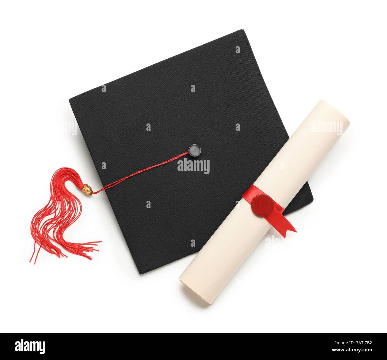 Mortar board and diploma on white background Stock Photo - Alamy