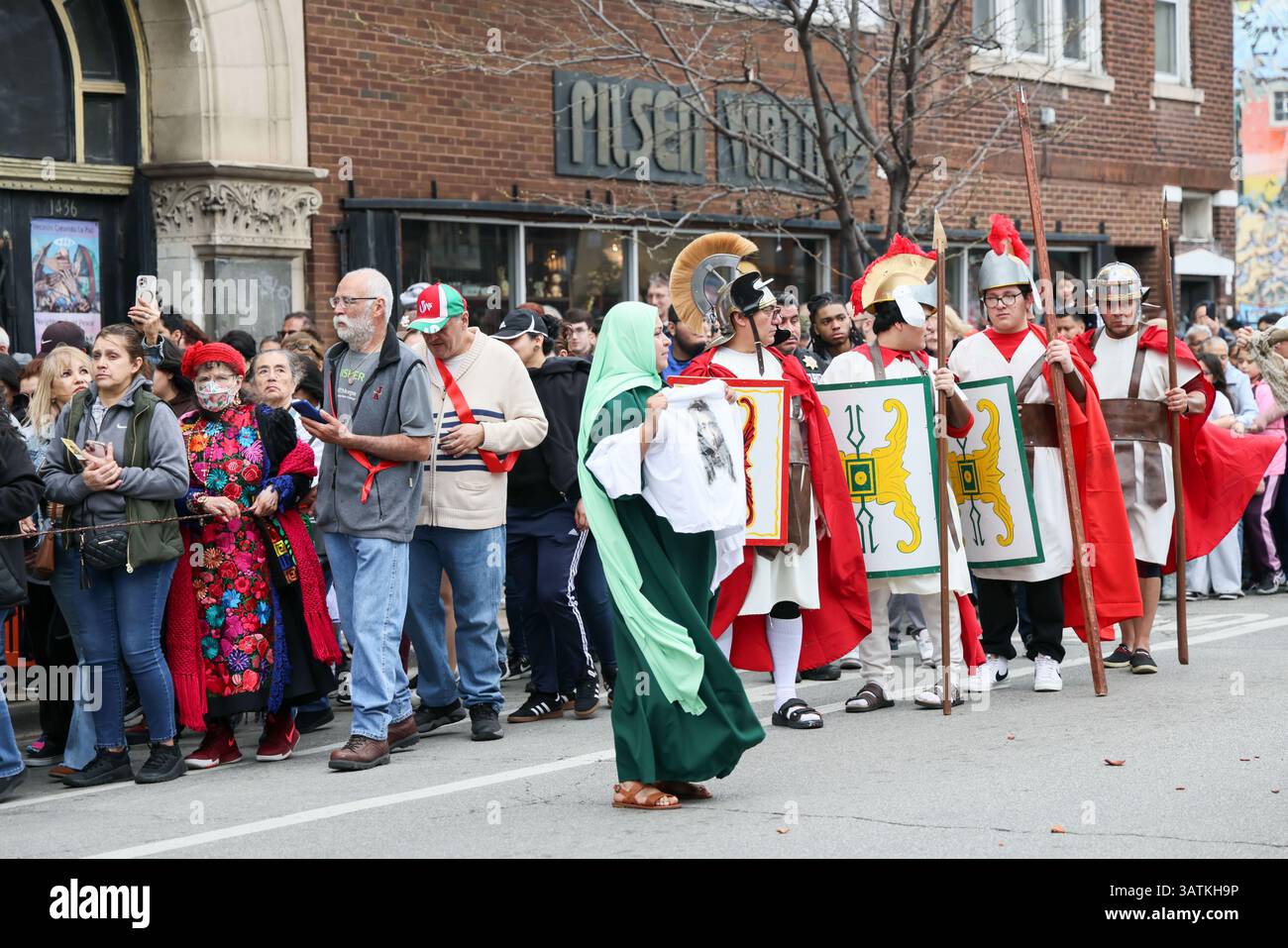 Chicago, USA. 18th Apr, 2025. The 5th Station of the Cross is re ...