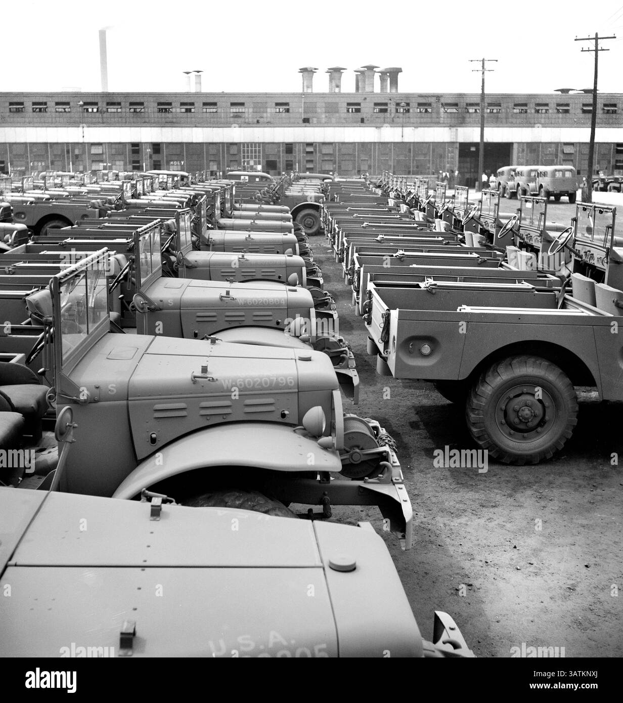 Rows of Dodge Army trucks, Chrysler Corporation Dodge truck plant ...