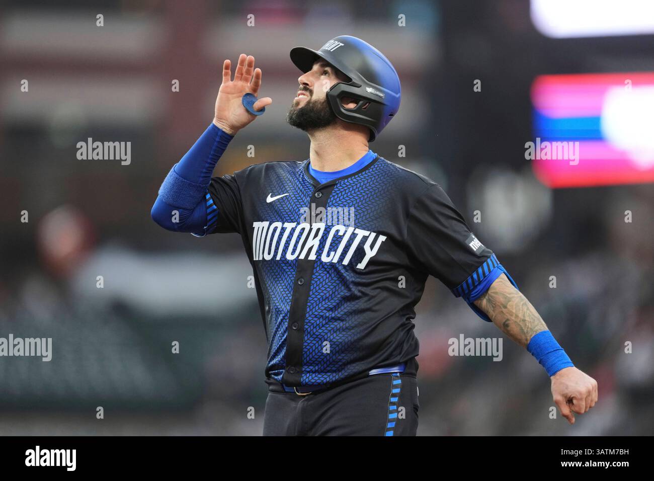 Detroit Tigers' Tomás Nido reacts to his one-run single against the ...