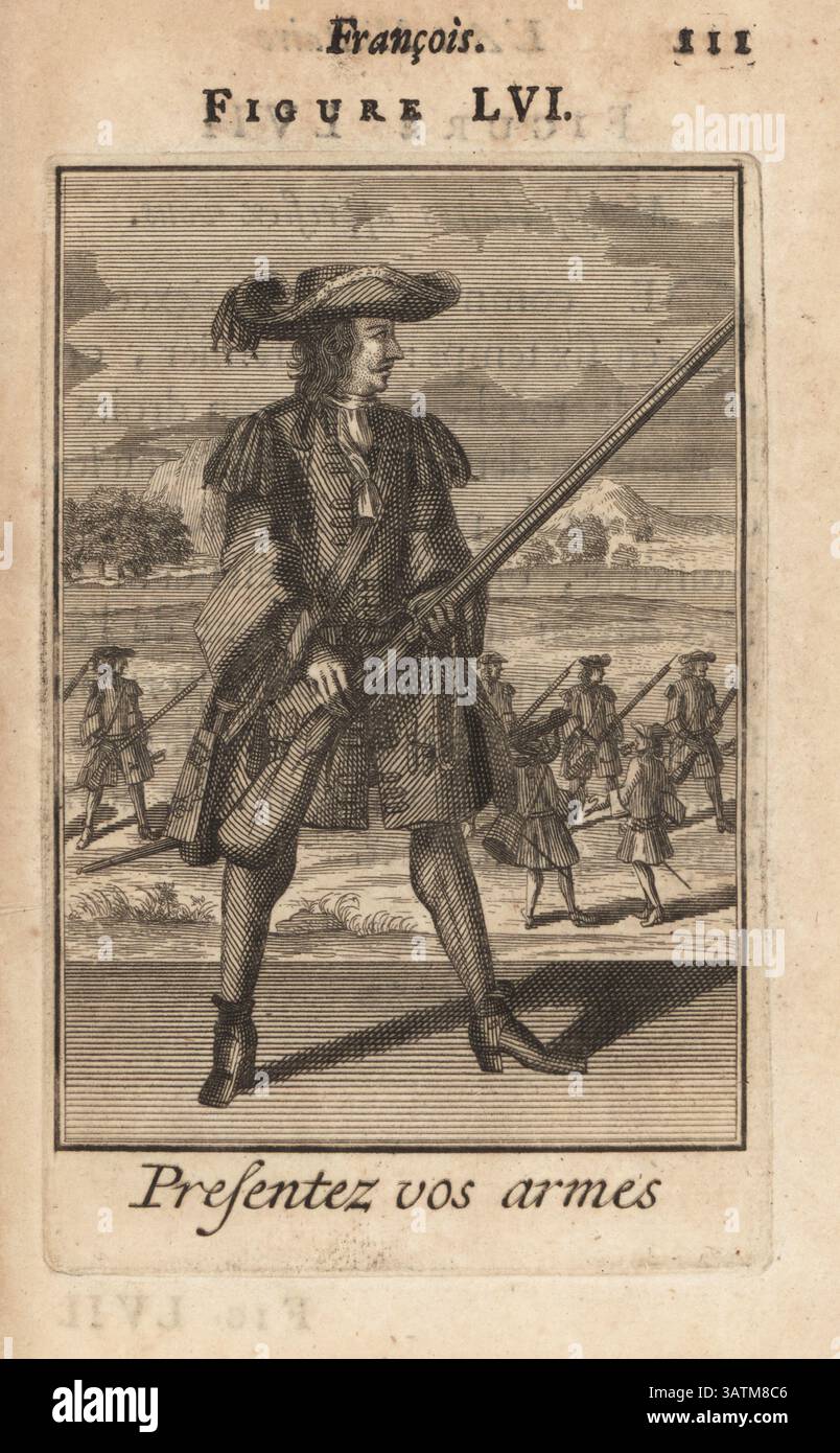 French soldier presenting arms. Musketeer in tricorn, military coat ...