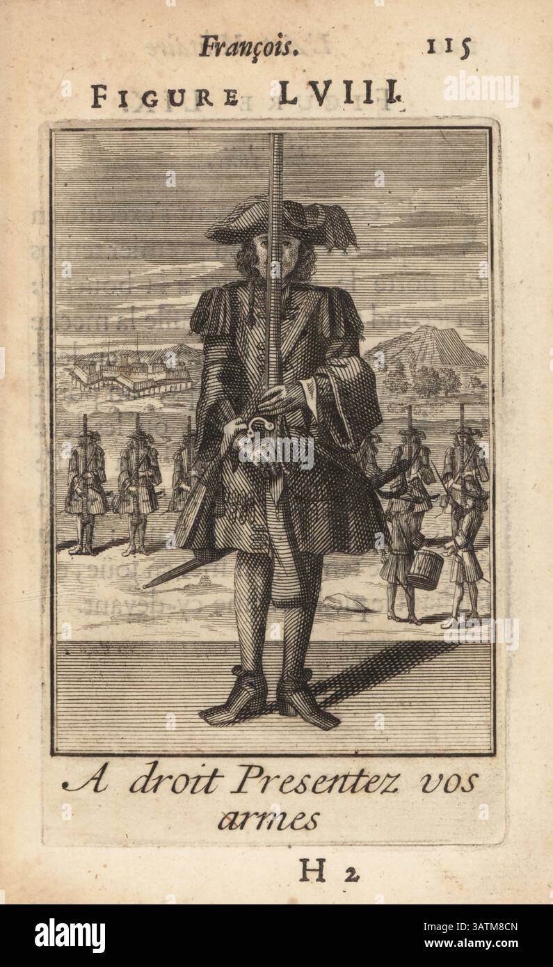 French soldier in right dress position. Musketeer in tricorn, military ...
