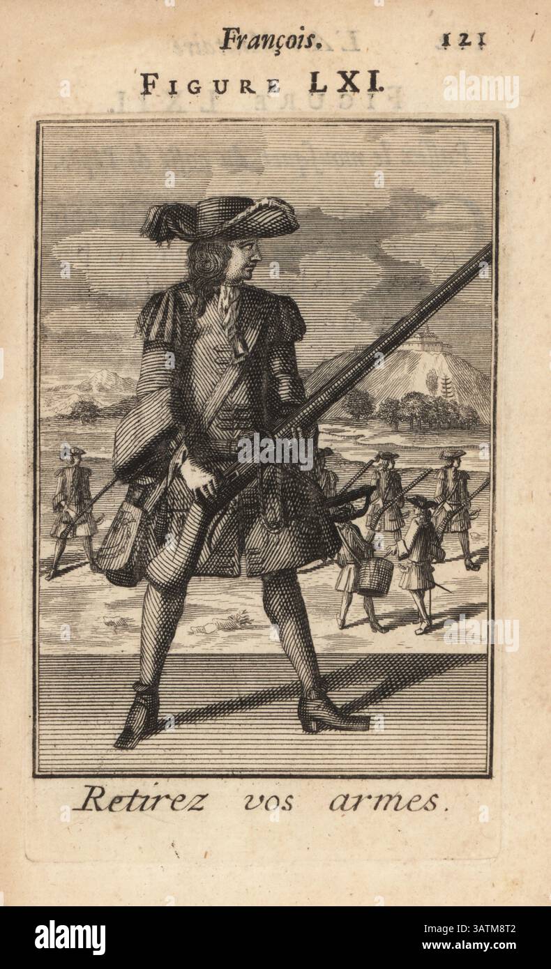 French soldier lowering his matchlock musket. Musketeer in tricorn ...