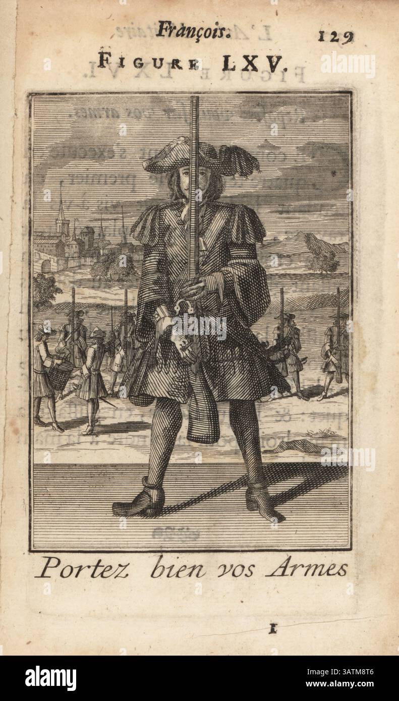 French soldier in port arms position with matchlock musket. Musketeer ...