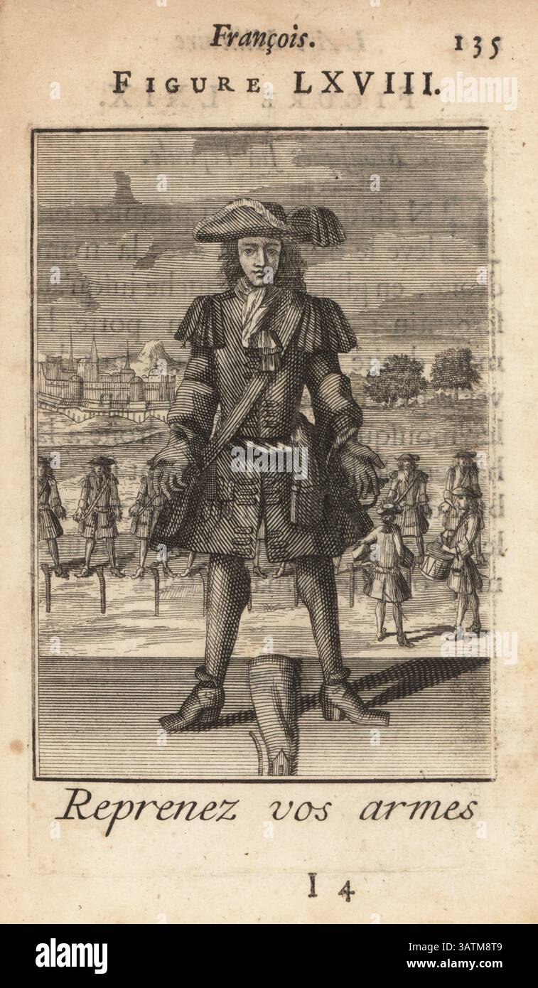 French soldier standing over his matchlock musket on the ground ...