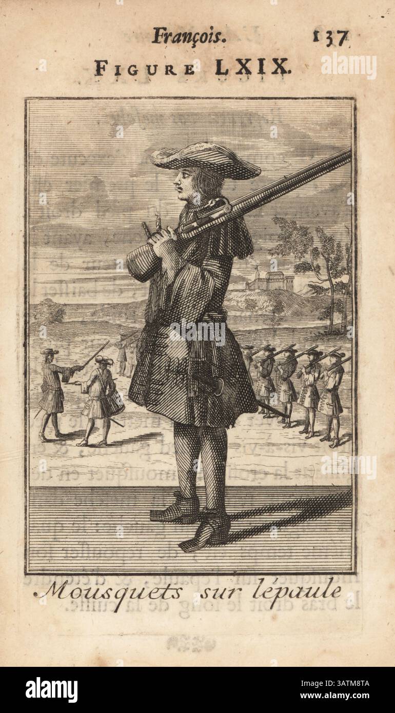 French soldier in slope arms position with matchlock musket on his ...