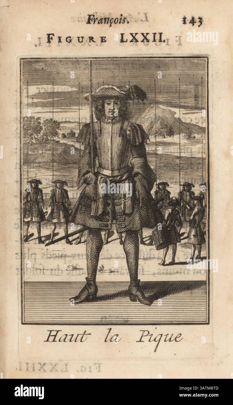 French pikeman raising his pike. Soldier in tricorn, breastplate ...