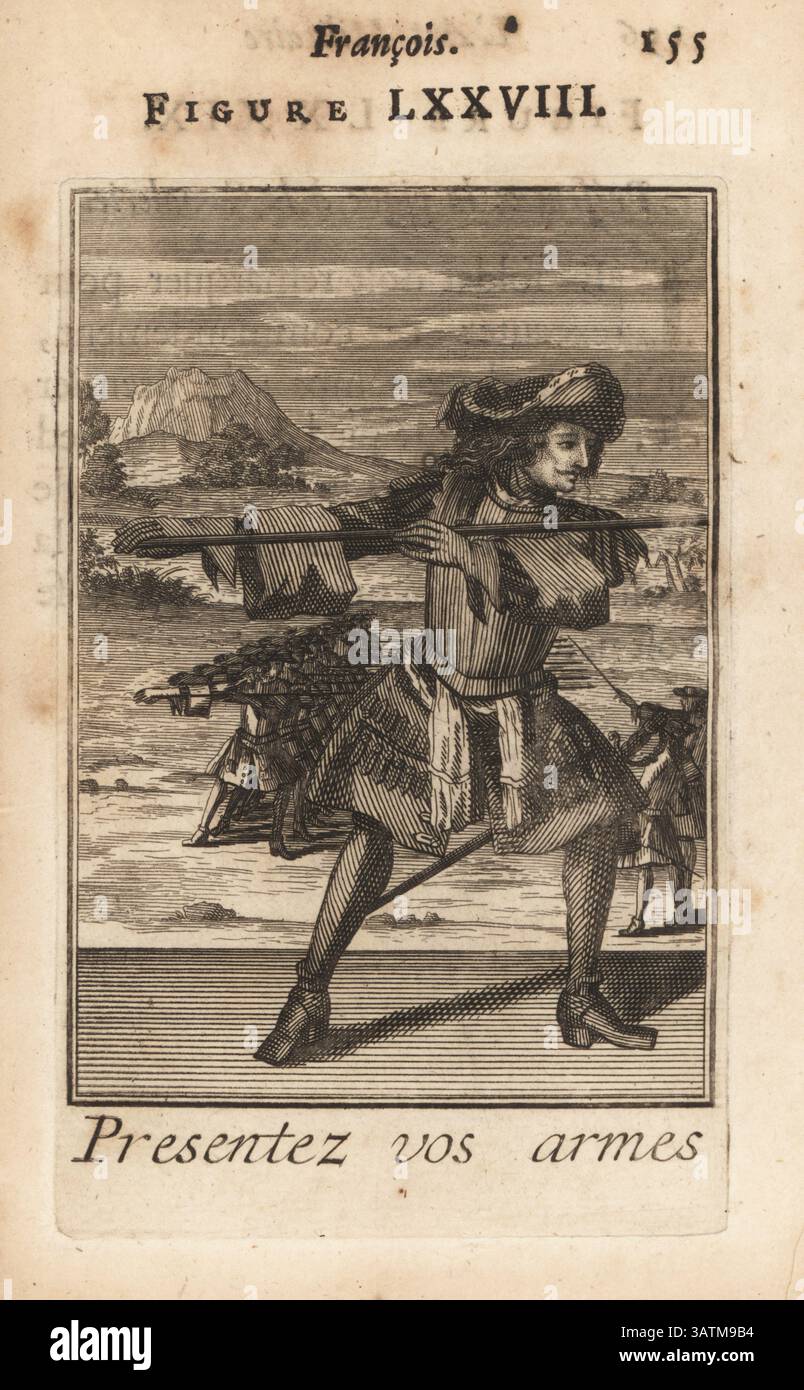 French pikeman presenting arms. Soldier in tricorn, breastplate ...