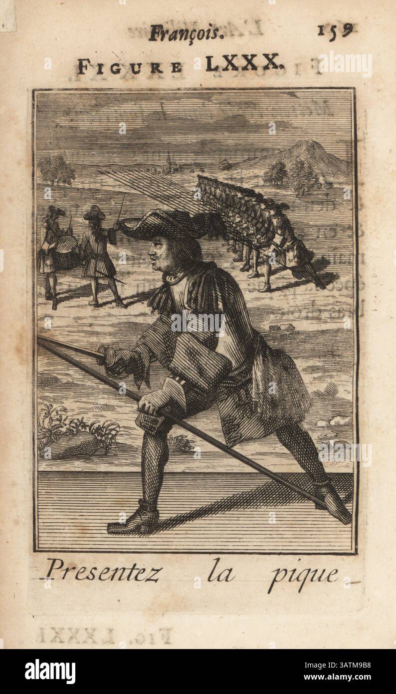 French pikeman presenting the pike. Soldier in tricorn, breastplate ...