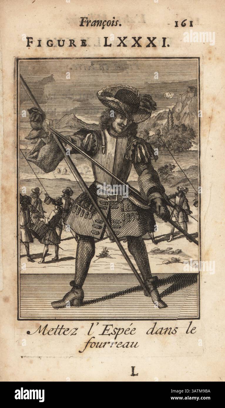 French pikeman putting his sword in its scabbard. He rests his pike in ...