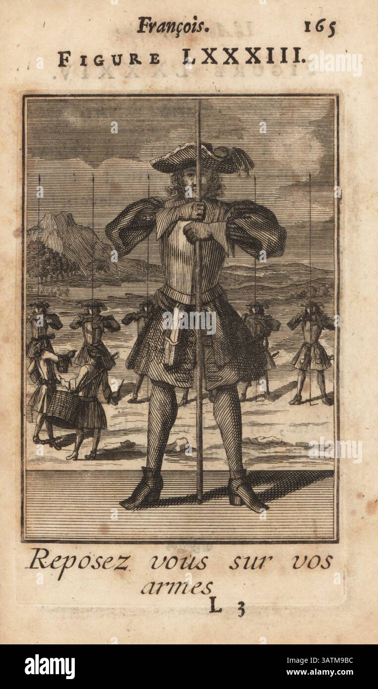 French pikeman resting on his pike. Soldier in tricorn, breastplate ...