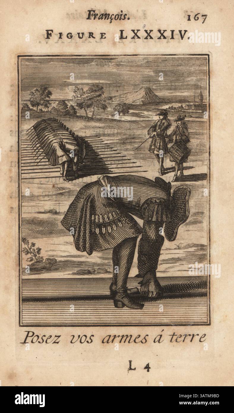 French pikeman placing his pike on the ground between his legs. Soldier ...