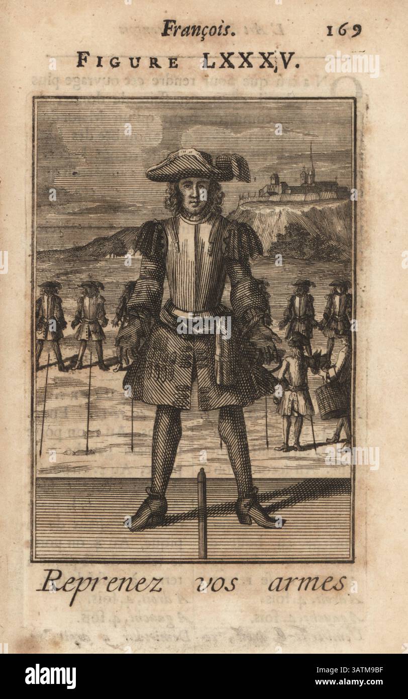 French pikeman picking up his pike from the ground. Soldier in tricorn ...