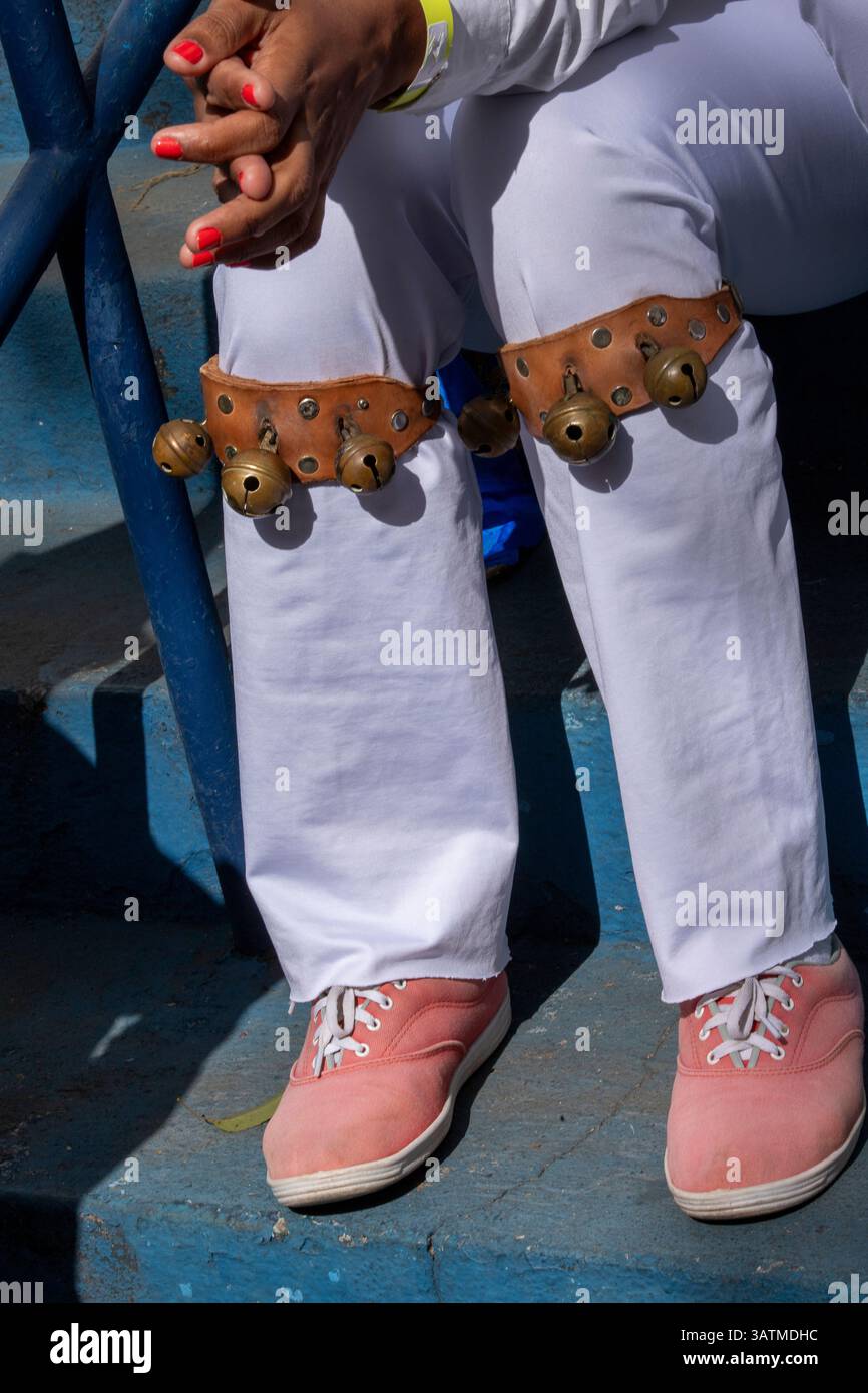 Detail of rattles on the legs of a group of revelers, rehearsing for ...