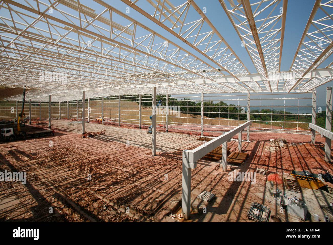 structure of steel on industrial warehouse in construction on Sao Paulo ...