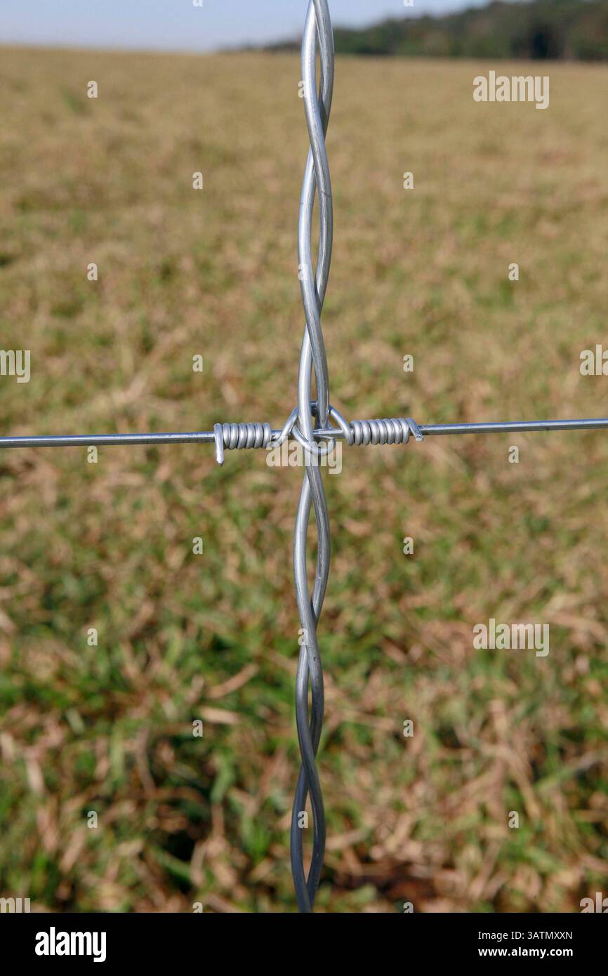 detail of construction of new steel fence in farm on countryside in ...