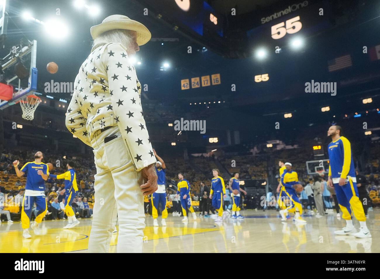 James Goldstein, the NBA Superfan, watches players warm up before an ...