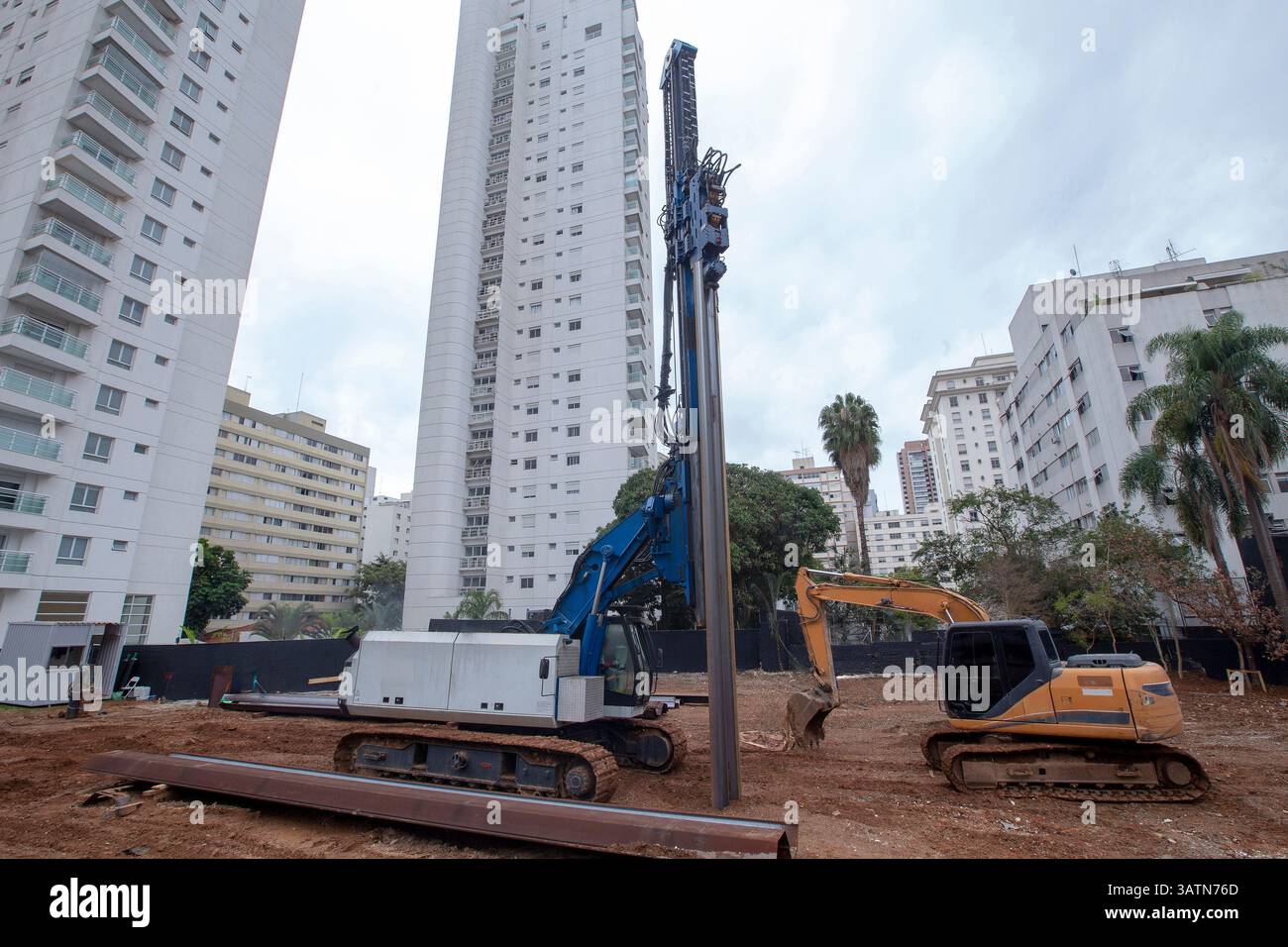 Powerful hydraulic drilling rig on a construction site. Installation of ...