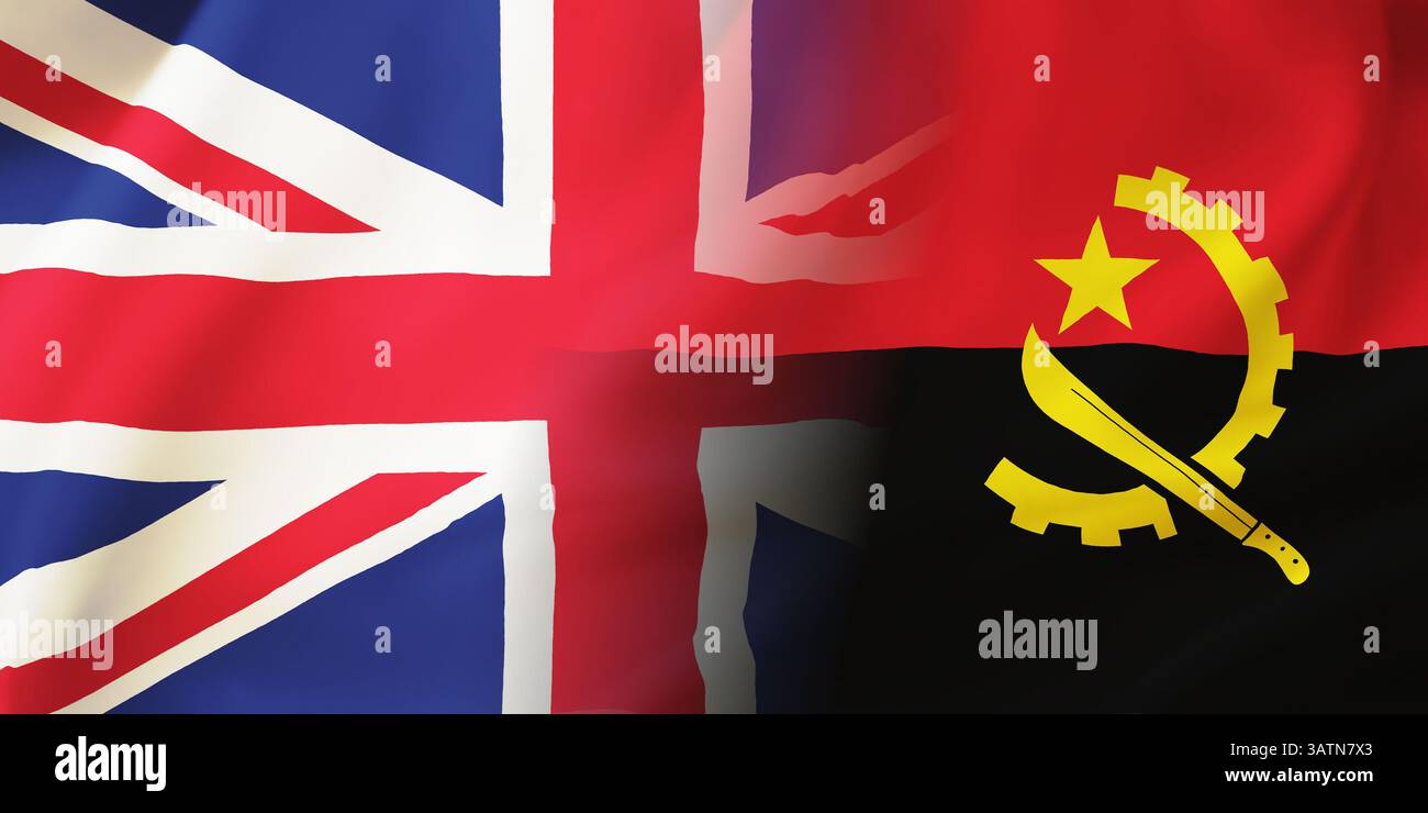 Angola,UK waving flags background.British and Angolan flags together ...