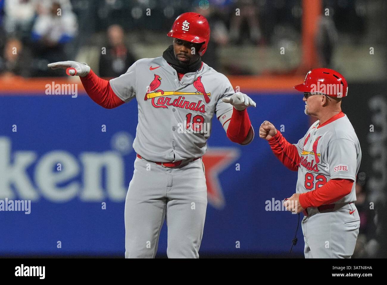 St. Louis Cardinals' Jordan Walker, left, celebrates with first base ...