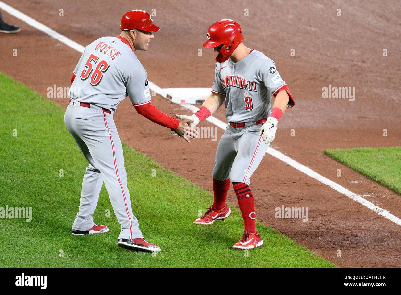 Cincinnati Reds' Matt McLain (9) celebrates his three-run home run with ...