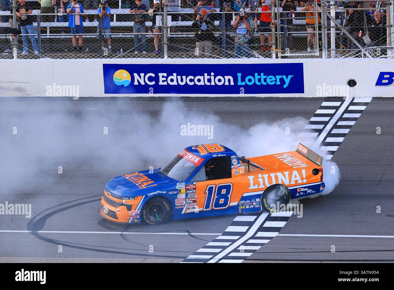 ROCKINGHAM, NC - APRIL 18: Tyler Ankrum (#18 McAnally Hilgemann Racing LiUNA! Chevrolet) does a ...